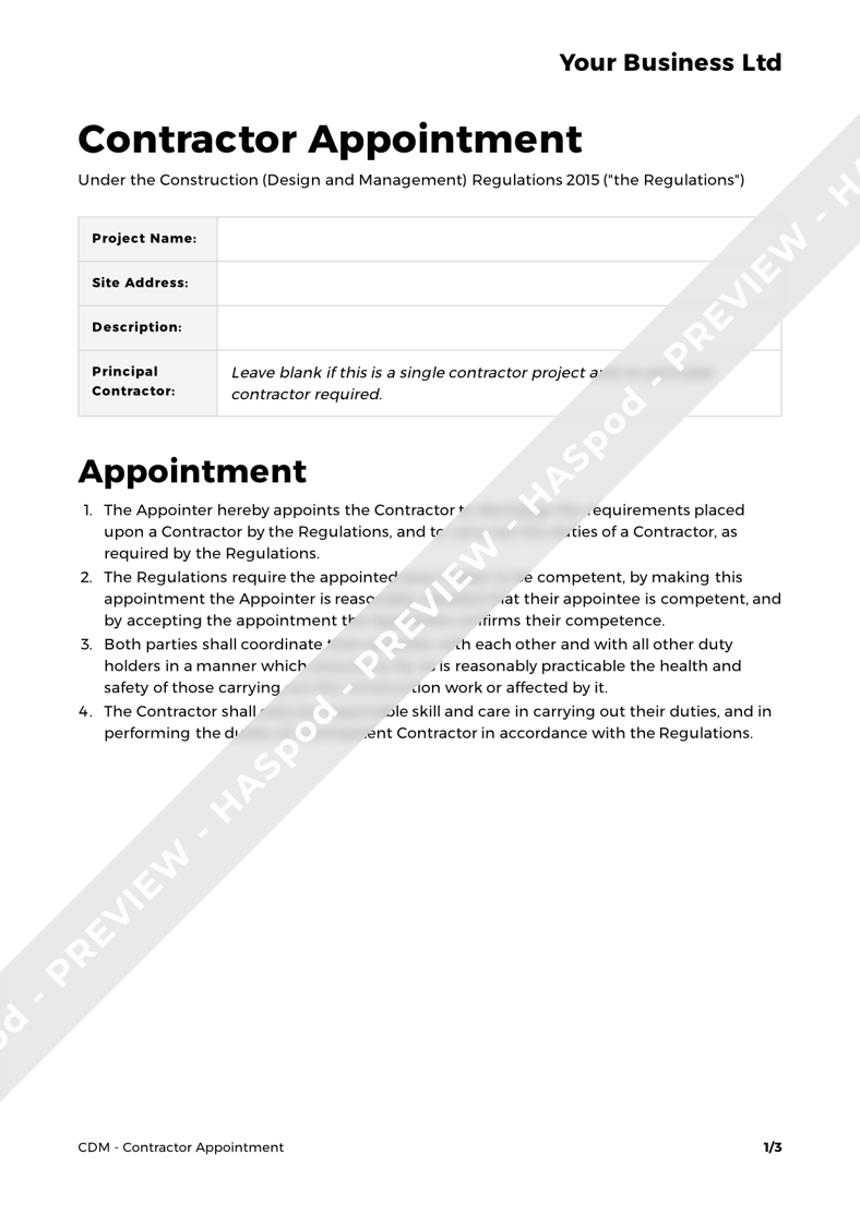 Contractor Appointment CDM Template - HASpod