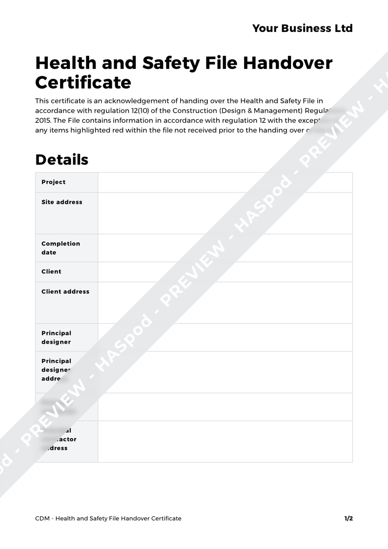 Health and Safety File Handover Certificate CDM Template - HASpod