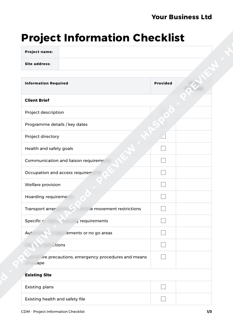 Project Information Checklist CDM Template - HASpod