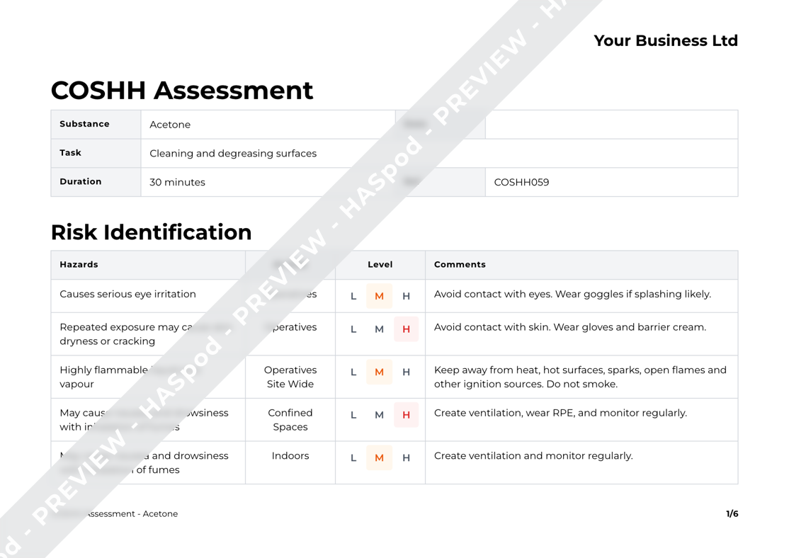 Acetone COSHH Assessment Template - HASpod
