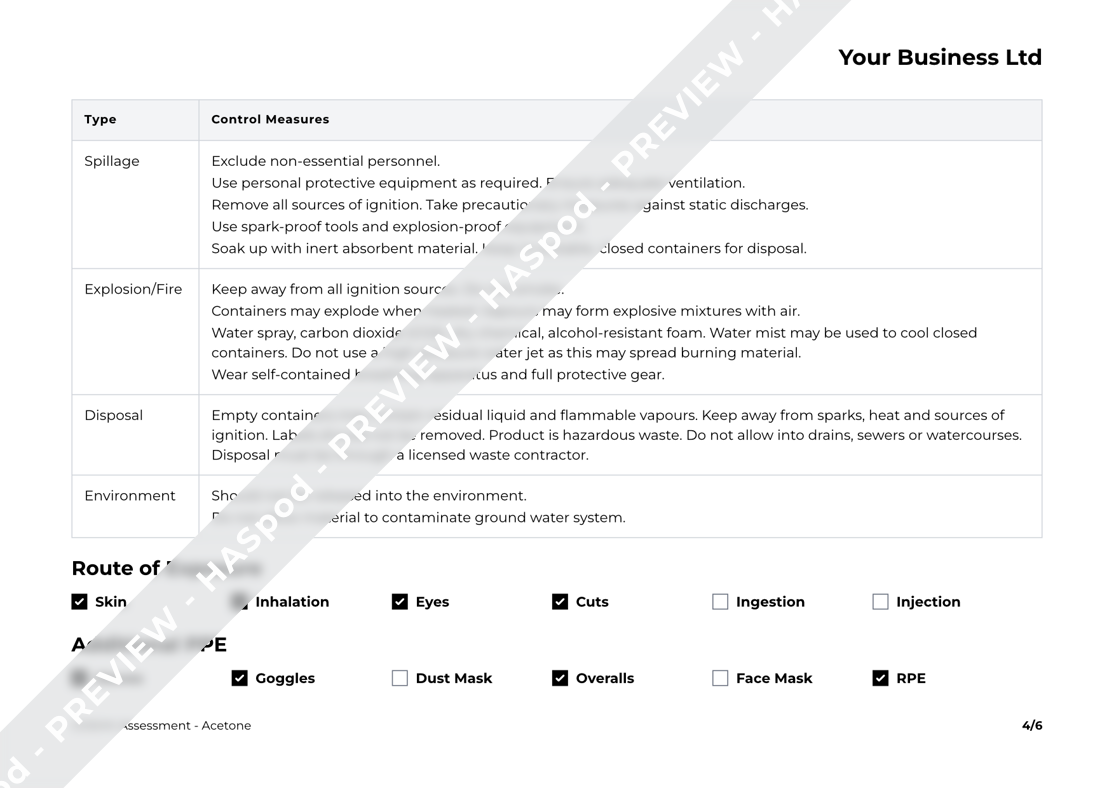 Acetone COSHH Assessment Template - HASpod