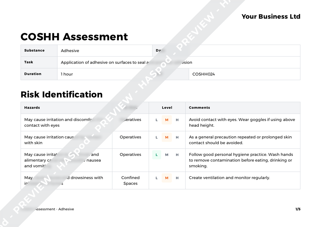 Adhesive COSHH Assessment Template - HASpod