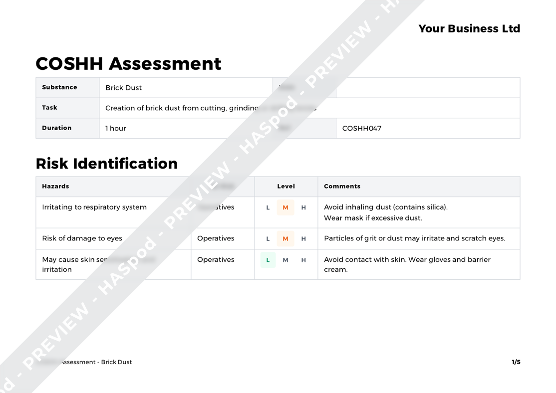 Brick Dust COSHH Assessment Template - HASpod