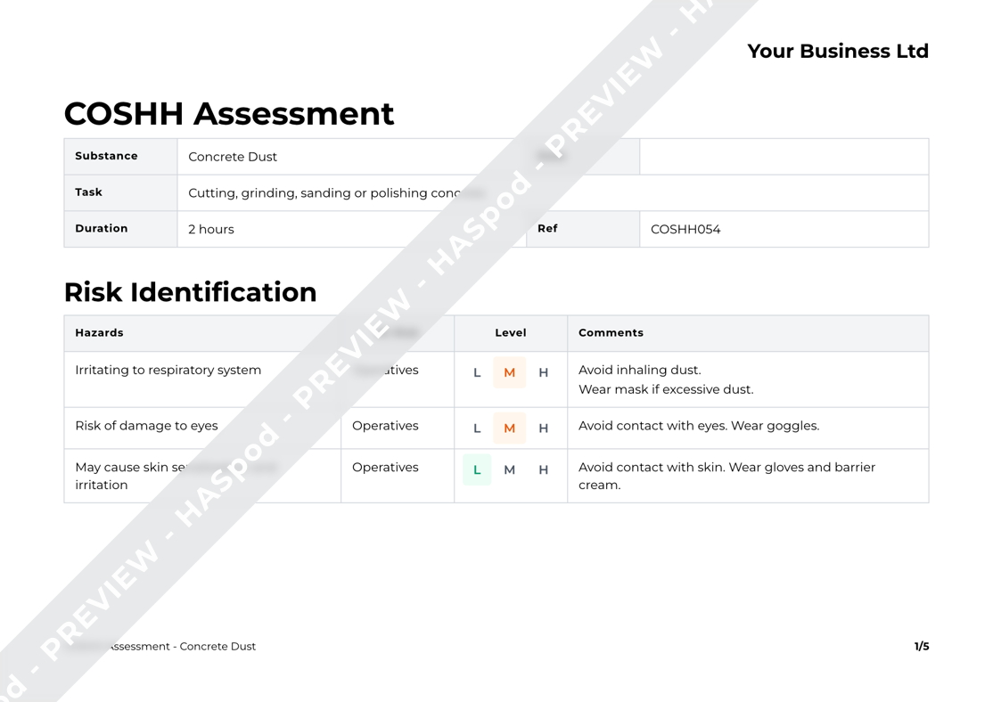 Concrete Dust COSHH Assessment Template - HASpod