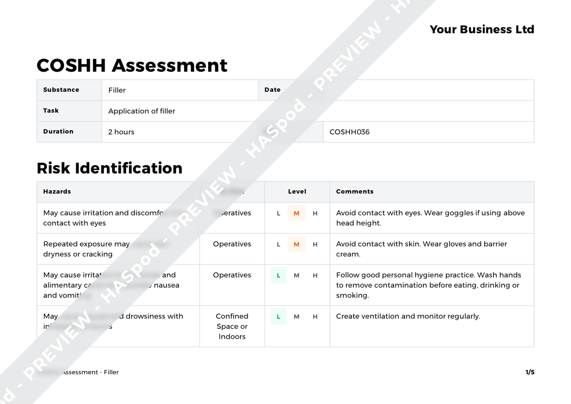 Filler COSHH Assessment Template - HASpod