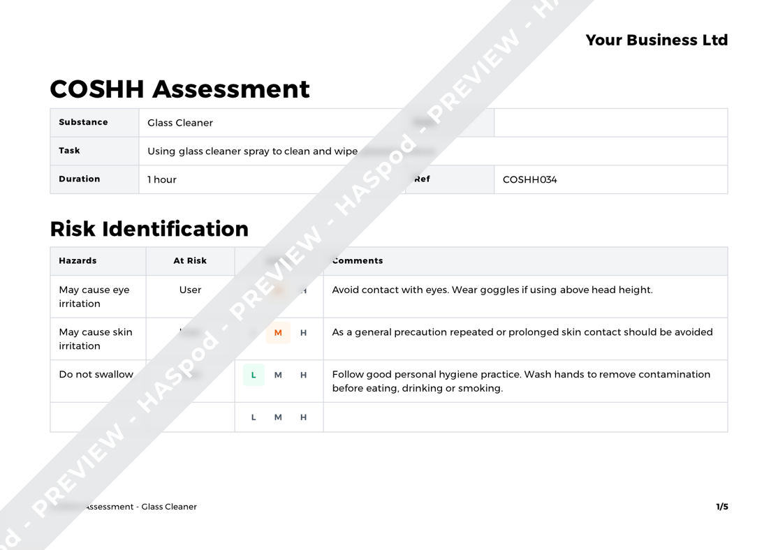 Glass Cleaner COSHH Assessment Template - HASpod