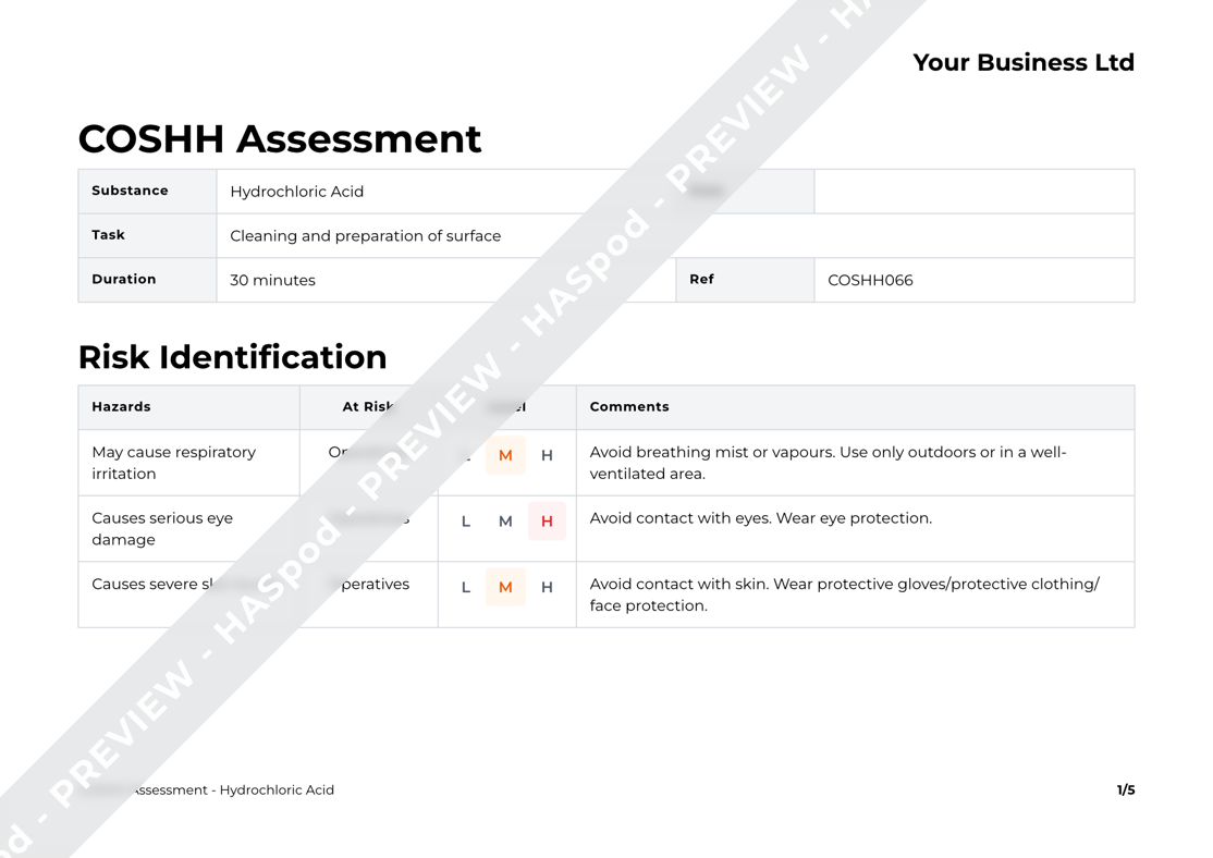 Hydrochloric Acid COSHH Assessment Template - HASpod