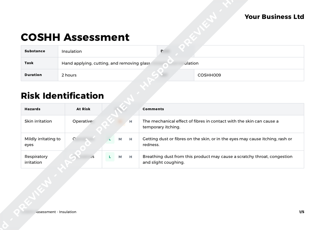 Insulation COSHH Assessment Template - HASpod