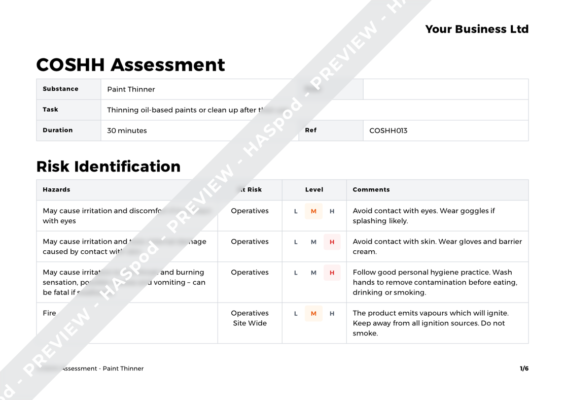 Paint Thinner COSHH Assessment Template - HASpod