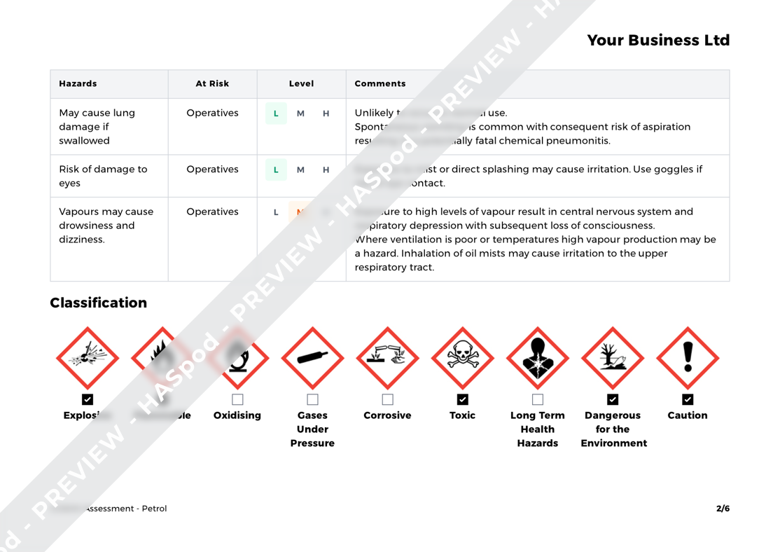 Petrol COSHH Assessment Template - HASpod