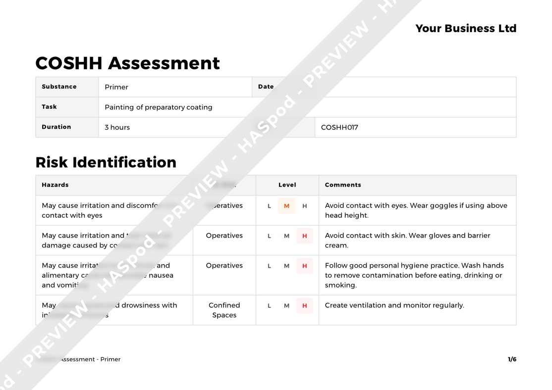 Primer COSHH Assessment Template - HASpod