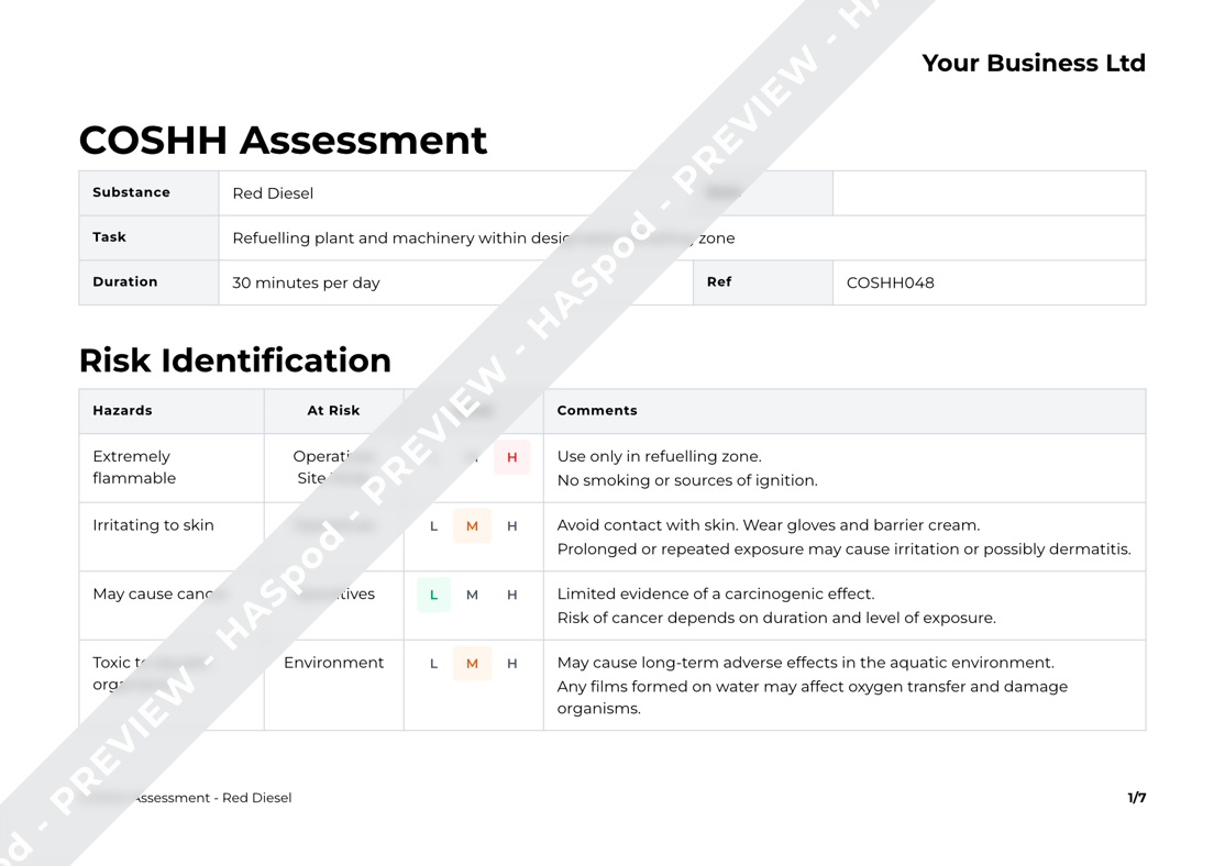 Red Diesel COSHH Assessment Template - HASpod