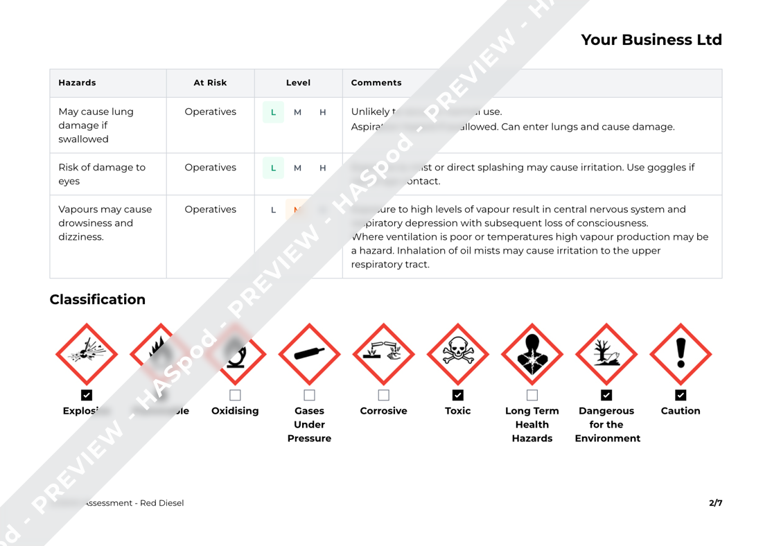 Red Diesel COSHH Assessment Template - HASpod