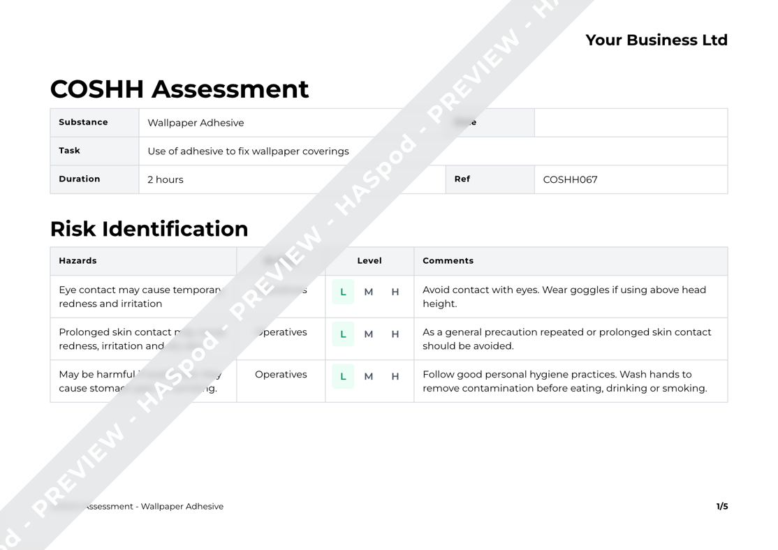 Wallpaper Adhesive COSHH Assessment Template - HASpod