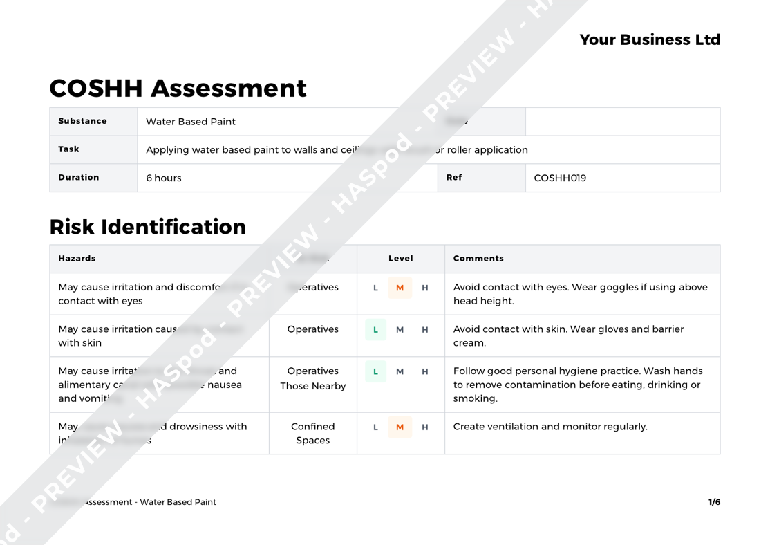 Water Based Paint COSHH Assessment Template - HASpod