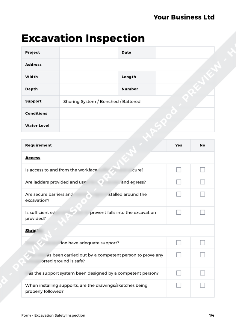 Excavation Safety Inspection Form Template - HASpod