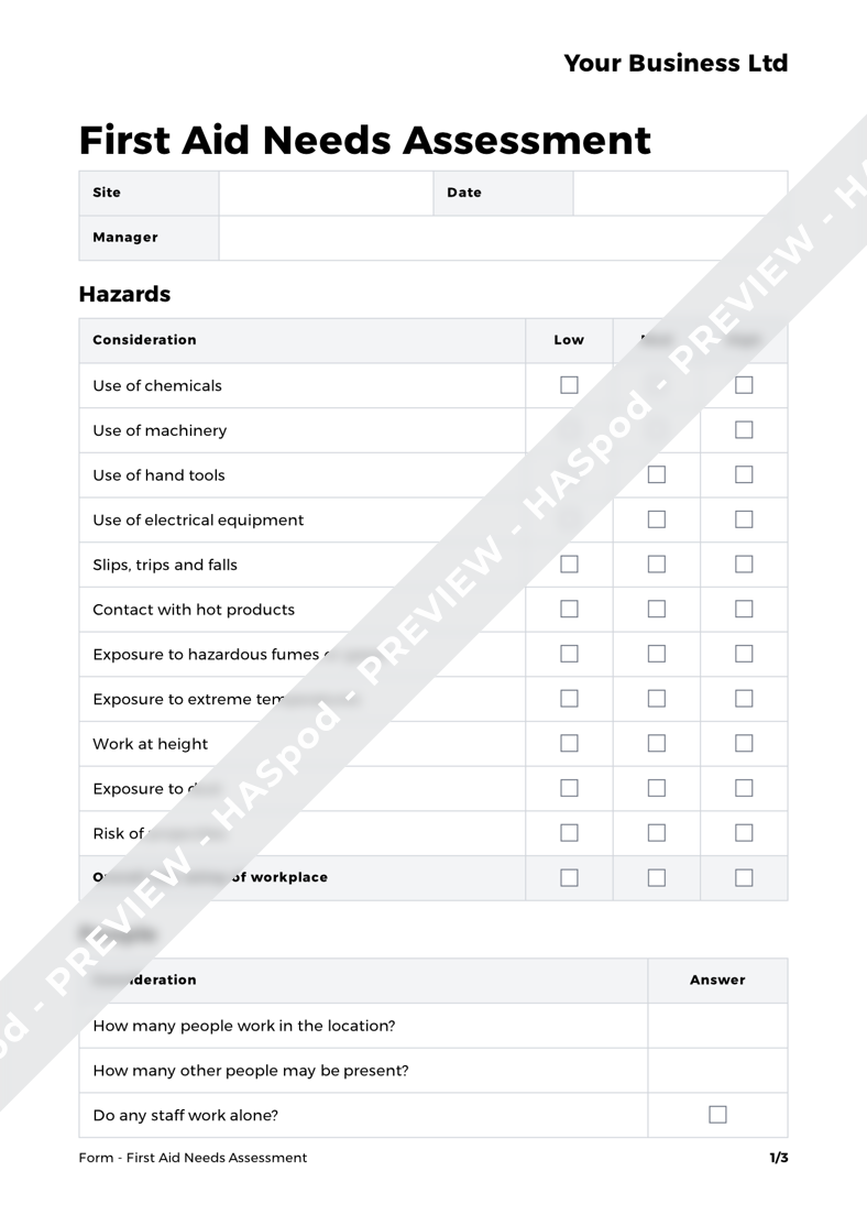 First Aid Needs Assessment Form Template - HASpod