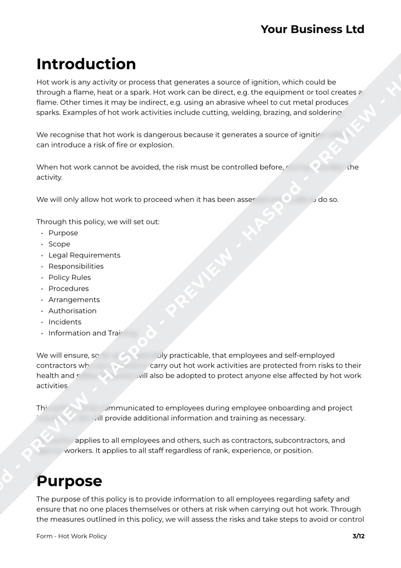 Hot Work Policy Form Template - HASpod