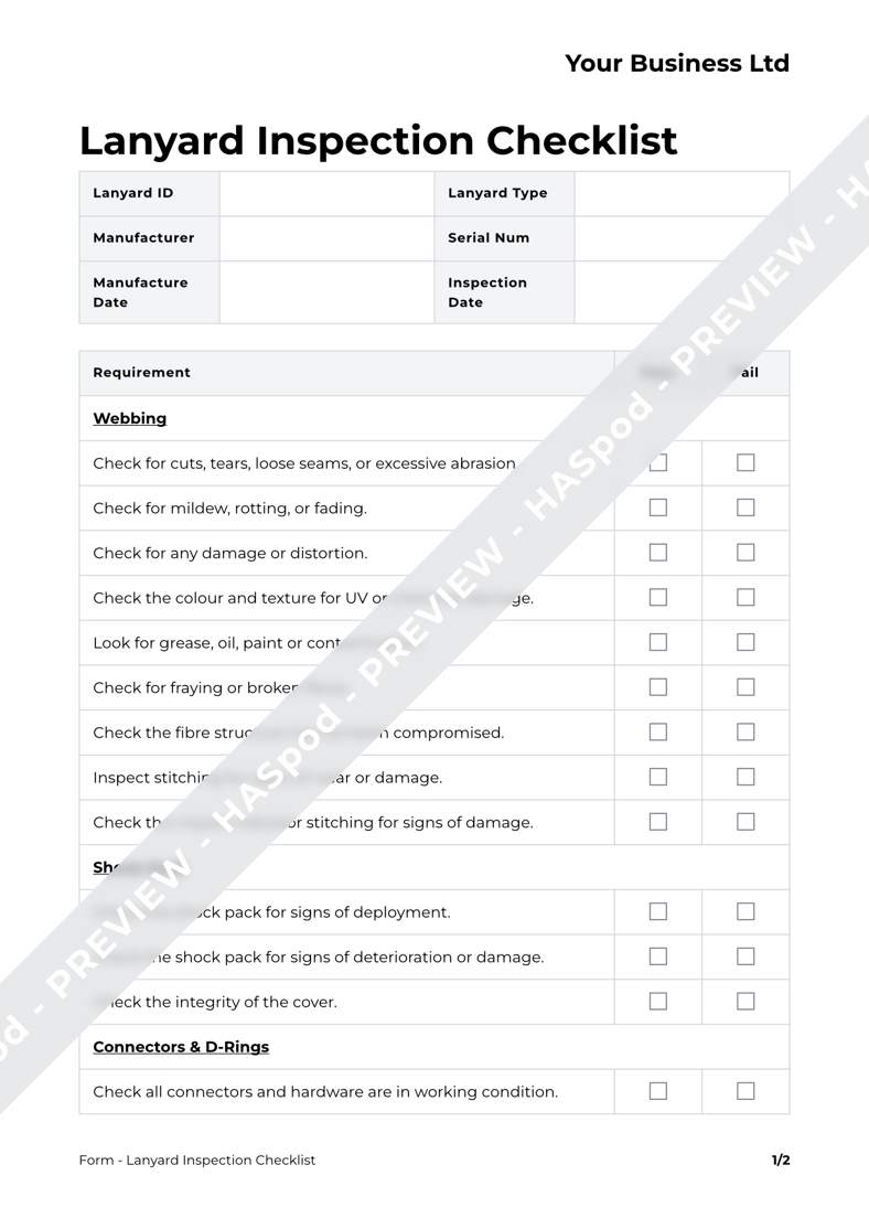 Lanyard Inspection Checklist Form Template - HASpod