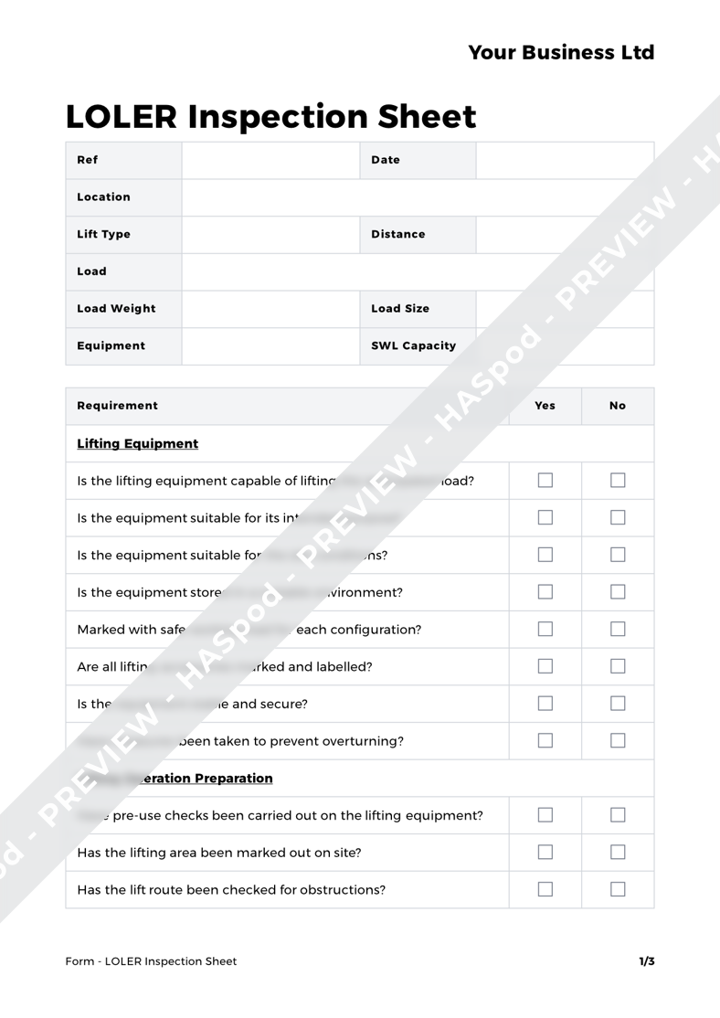 LOLER Inspection Sheet Form Template - HASpod