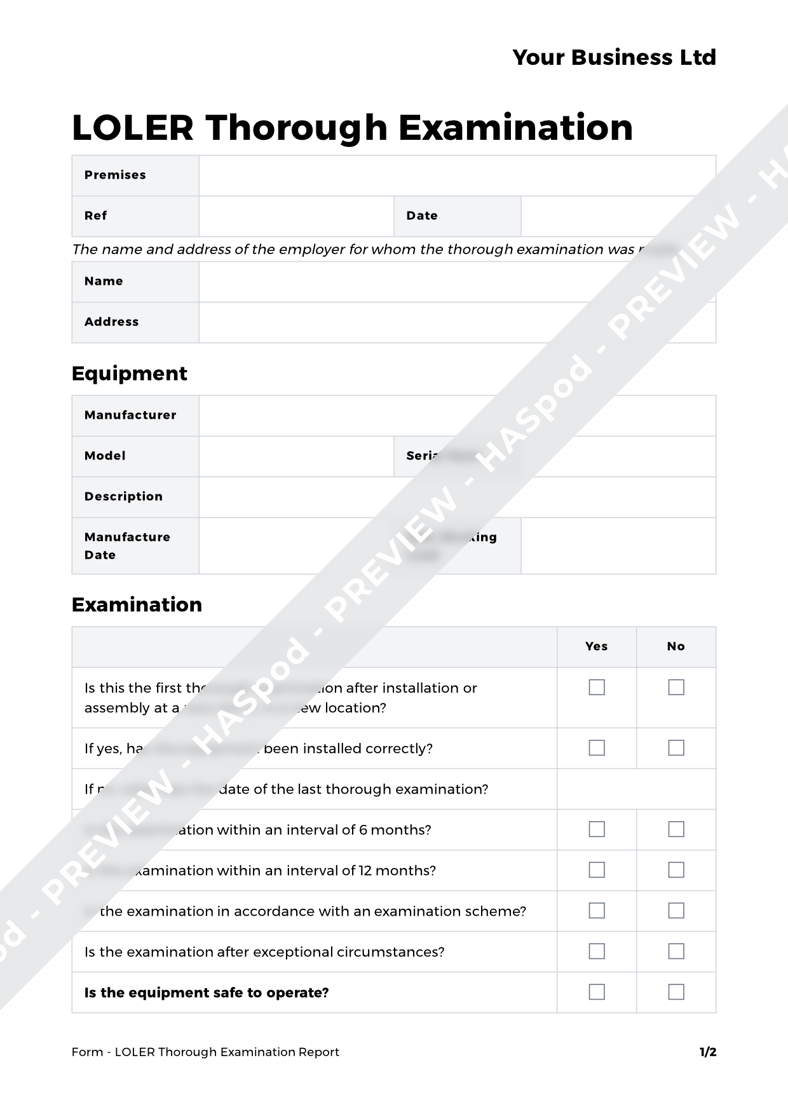 LOLER Thorough Examination Report Form Template - HASpod
