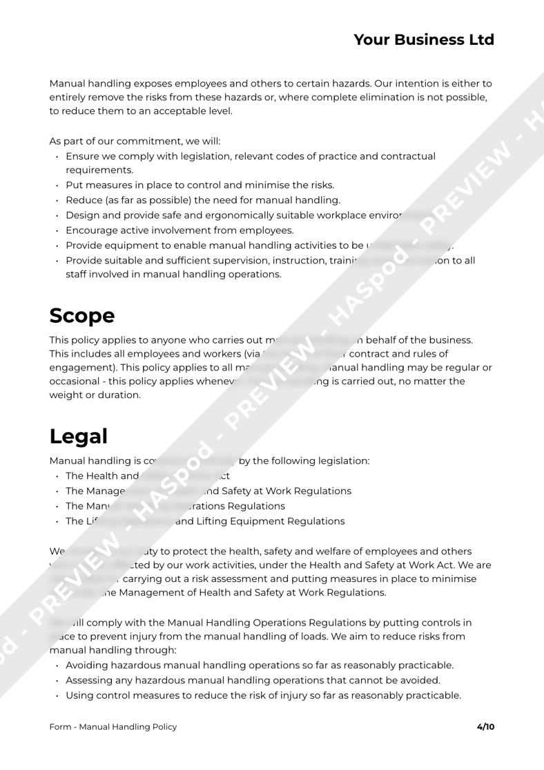 Manual Handling Policy Form Template - HASpod