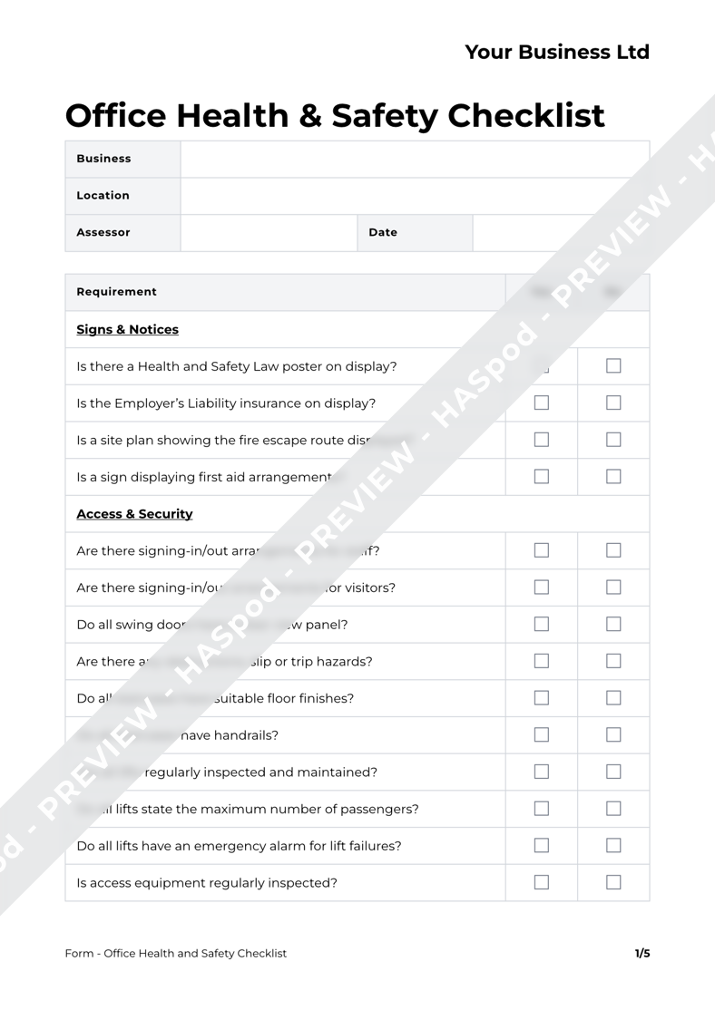 Office Health and Safety Checklist Form Template - HASpod