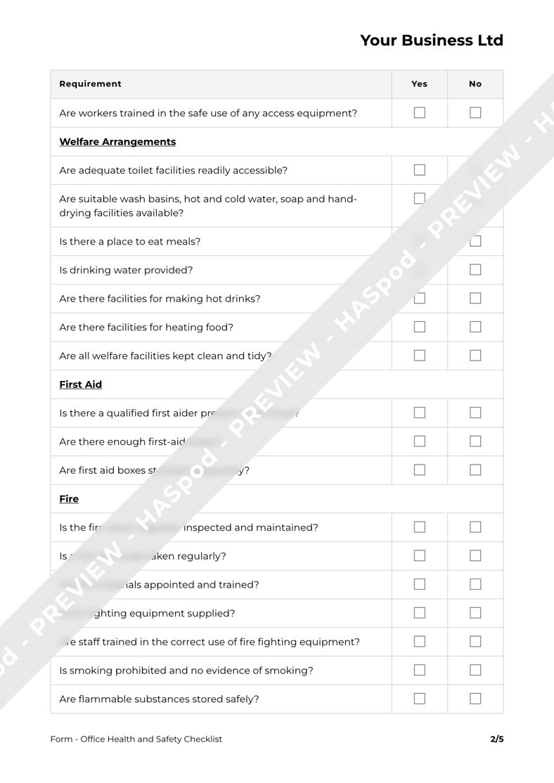 Office Health and Safety Checklist Form Template - HASpod