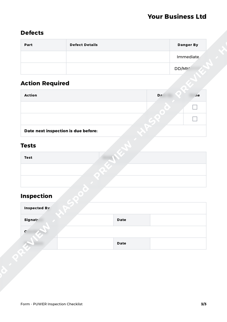PUWER Inspection Checklist Form Template - HASpod