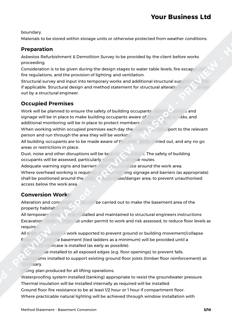 Basement Conversion Method Statement Template - HASpod