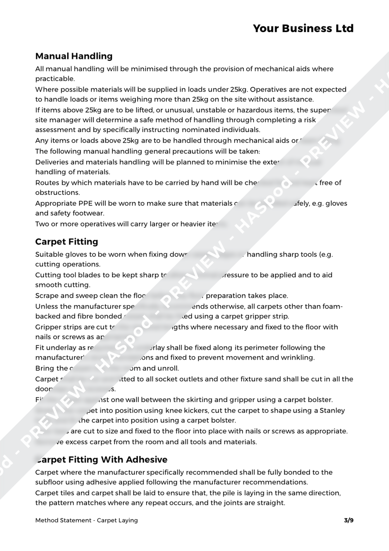 Carpet Laying Method Statement Template - HASpod