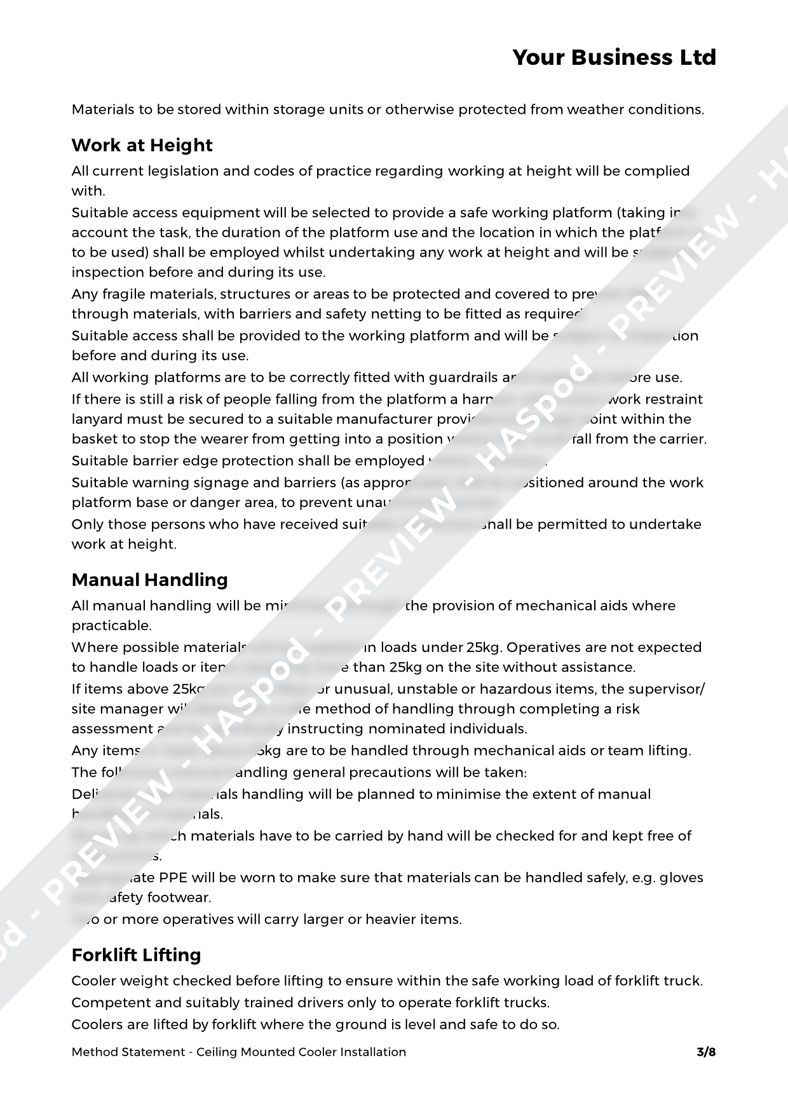 Ceiling Mounted Cooler Installation Method Statement Template - HASpod