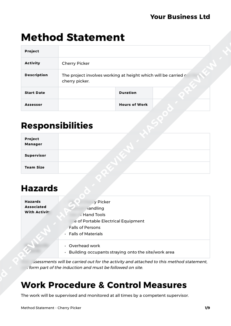 Cherry Picker Method Statement Template - HASpod
