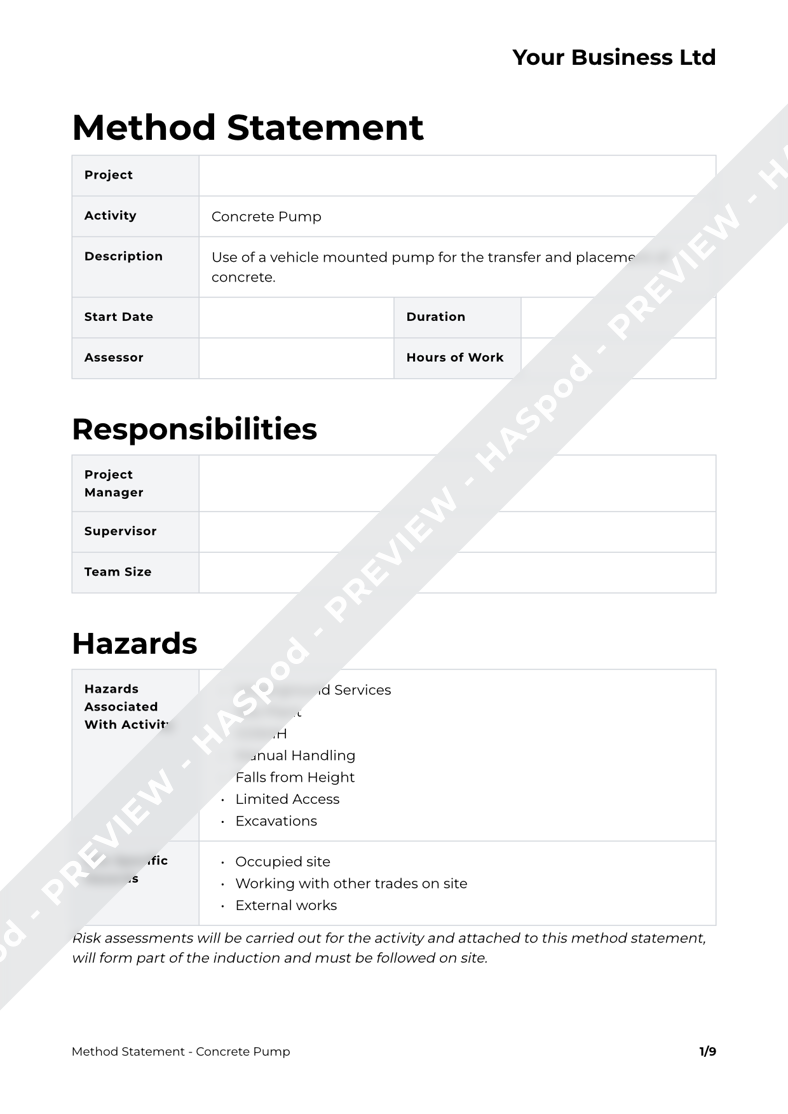 Concrete Pump Method Statement Template - HASpod