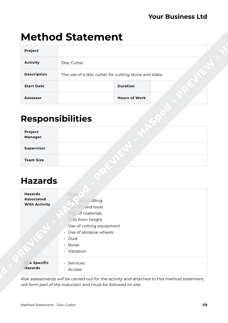 Disc Cutter Method Statement Template - HASpod