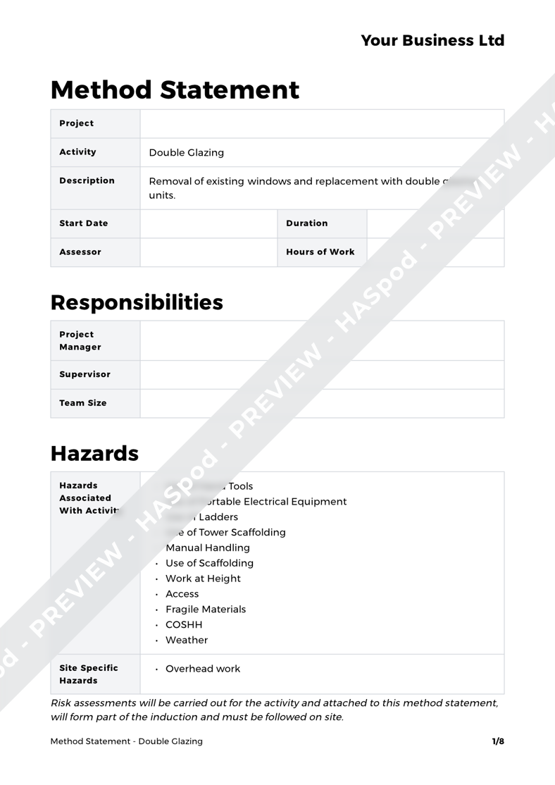 Double Glazing Method Statement Template - HASpod