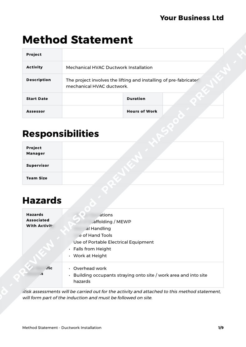 Ductwork Installation Method Statement Template - HASpod