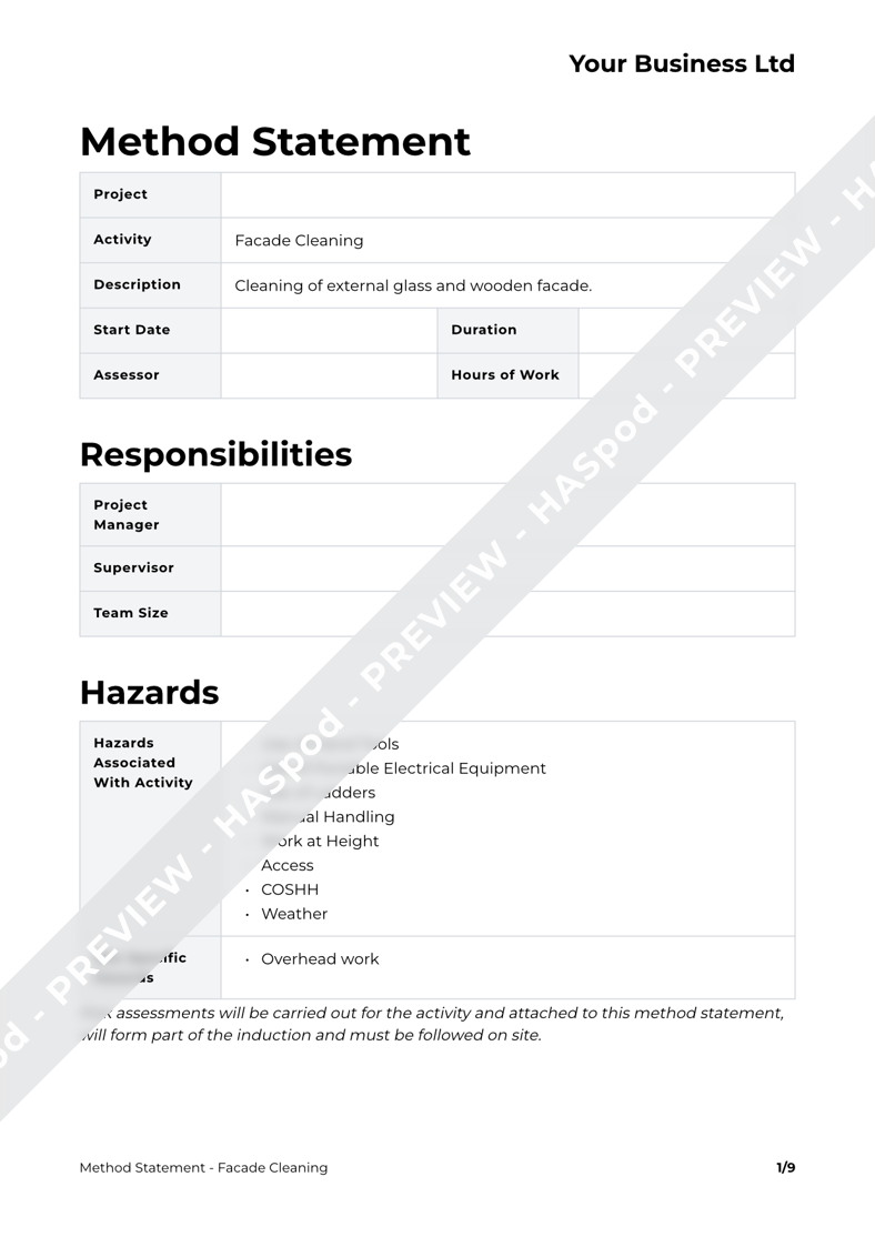 Facade Cleaning Method Statement Template - HASpod