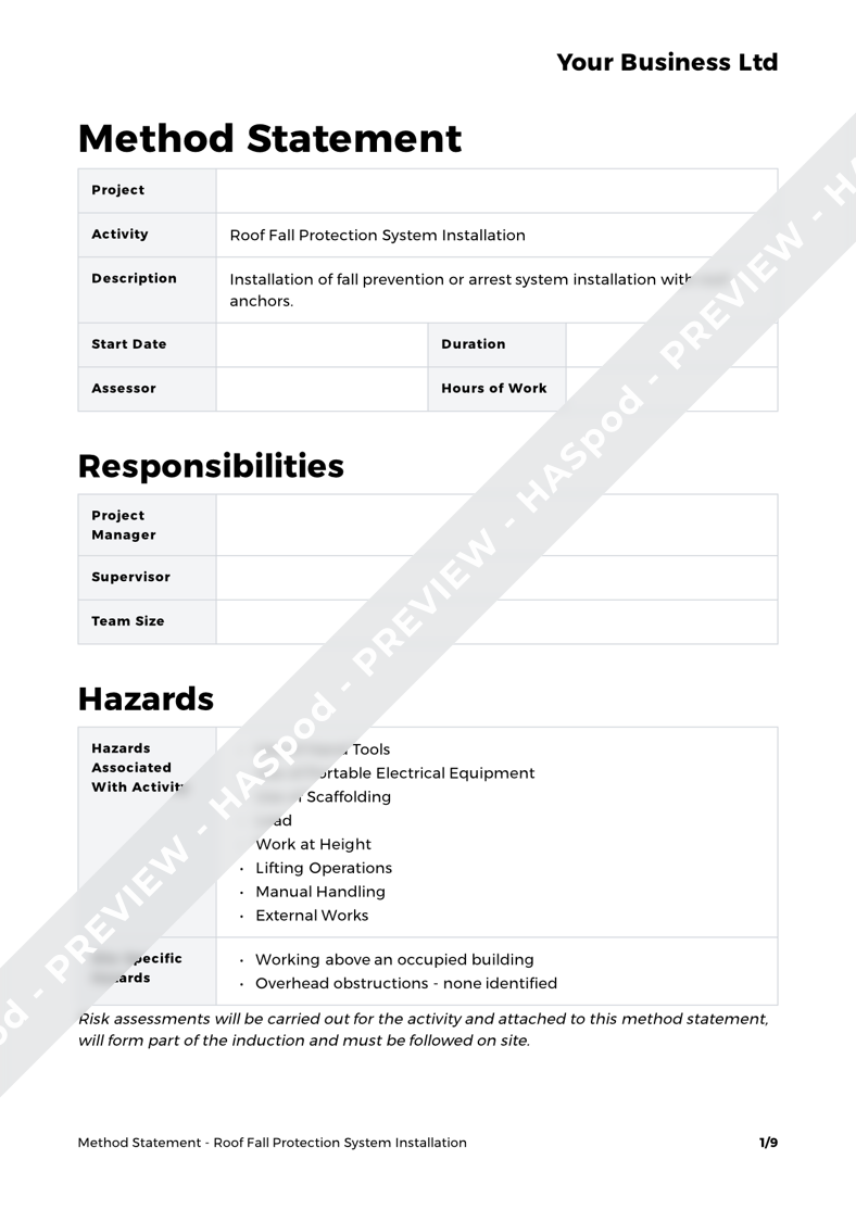 Roof Fall Protection System Installation Method Statement Template - HASpod