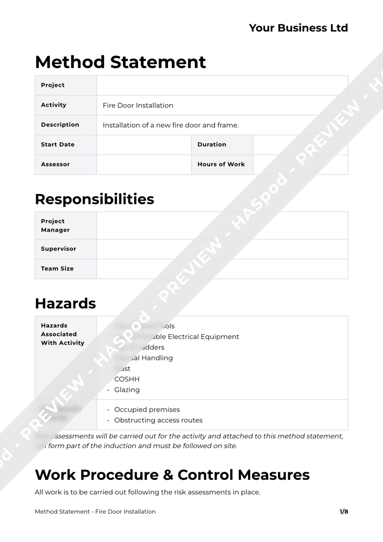 Fire Door Installation Method Statement Template - HASpod