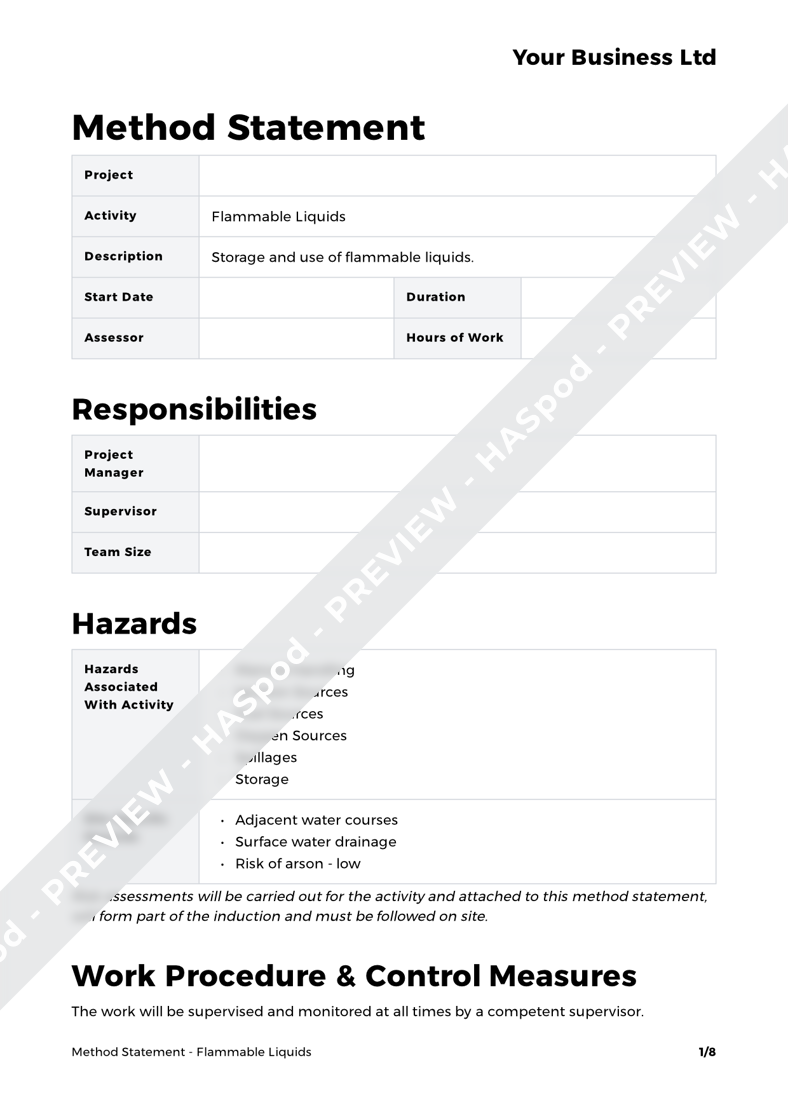 Flammable Liquids Method Statement Template - HASpod