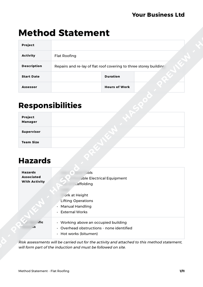 Flat Roofing Method Statement Template - HASpod