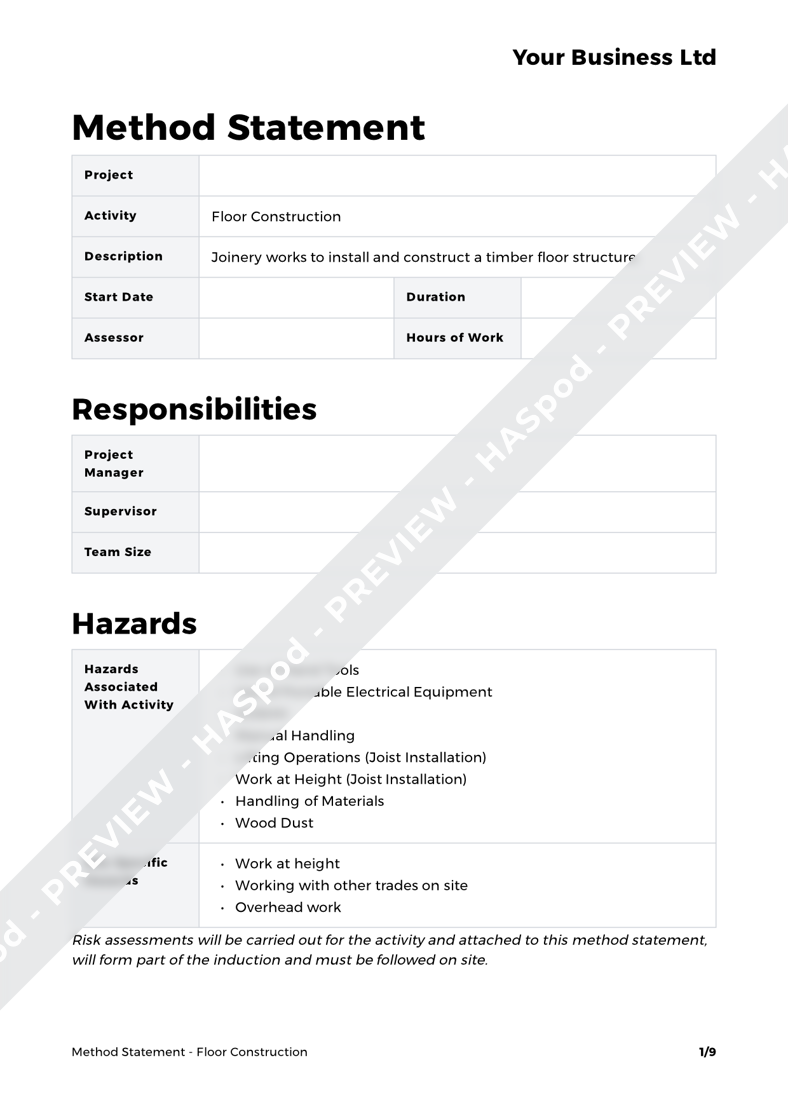 Floor Construction Method Statement Template - HASpod