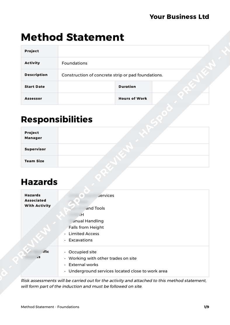 Foundations Method Statement Template - HASpod