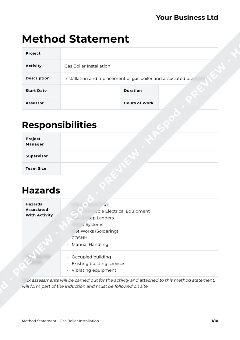 Gas Boiler Installation Method Statement Template - HASpod