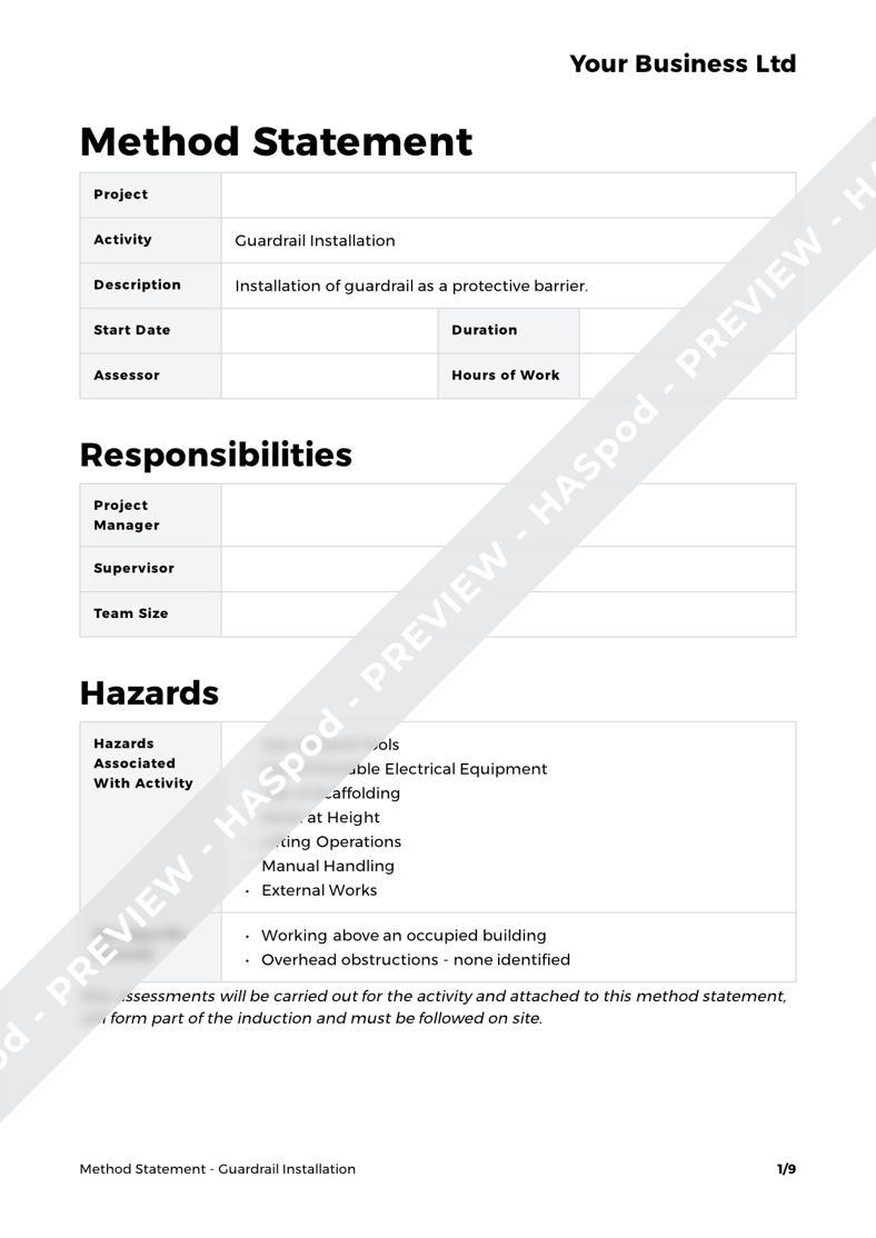 Guardrail Installation Method Statement Template - HASpod
