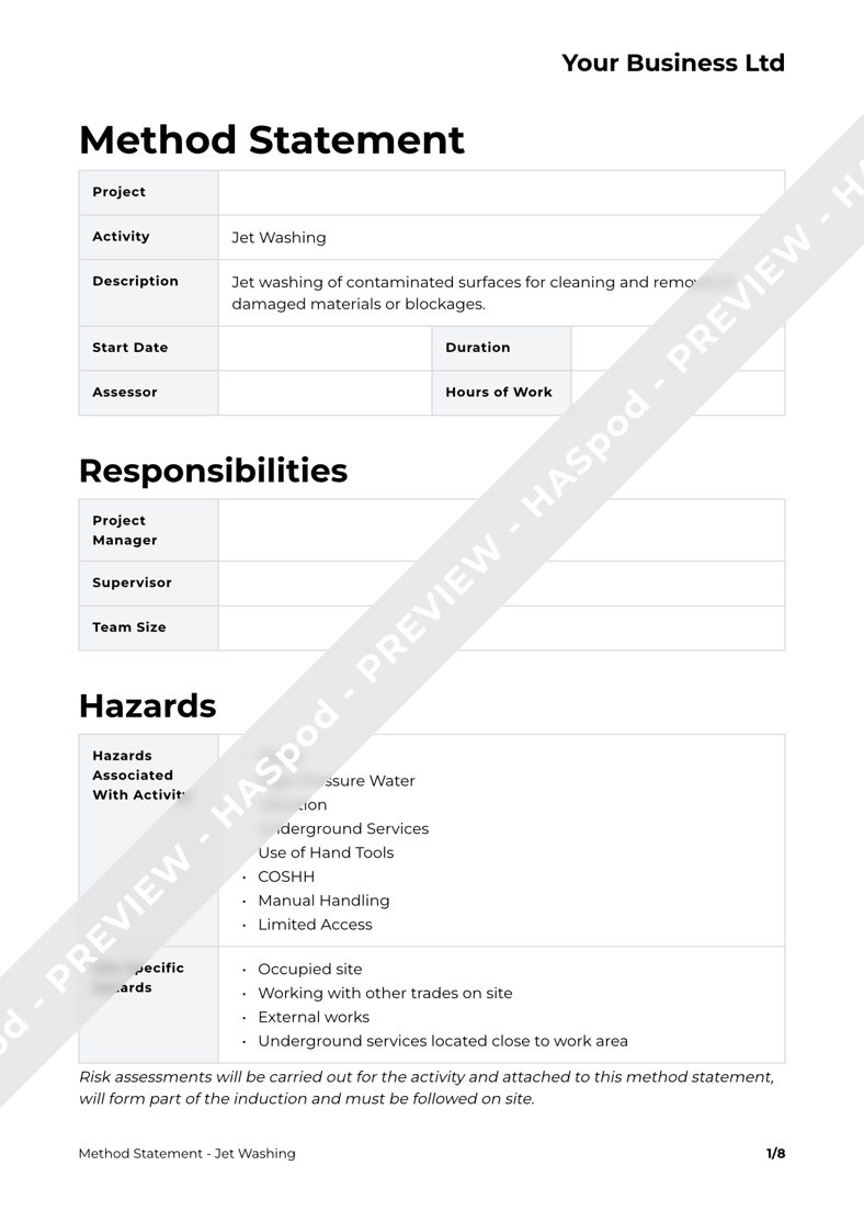 Jet Washing Method Statement Template - HASpod