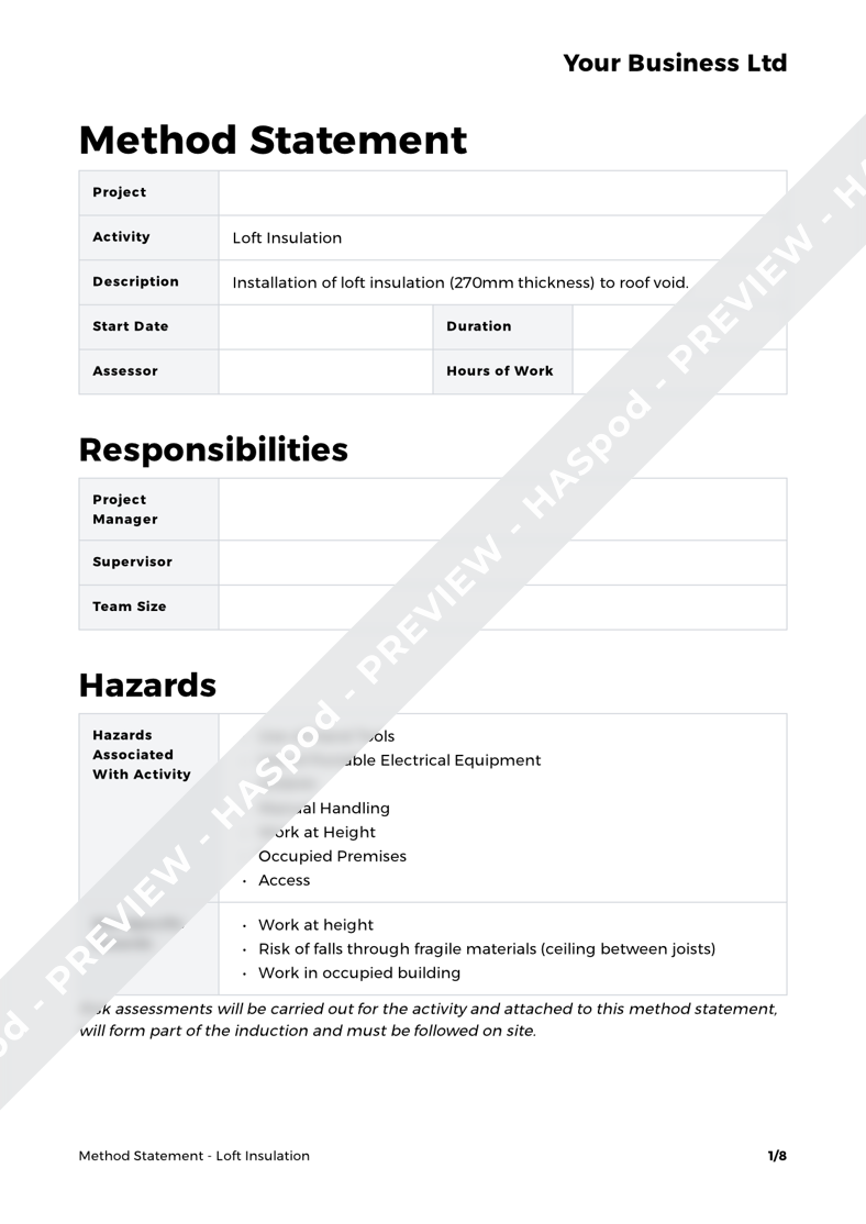 Loft Insulation Method Statement Template - HASpod