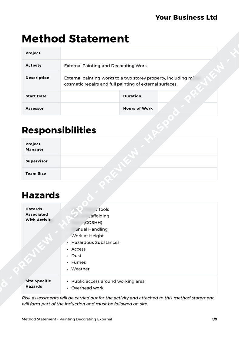 Painting Decorating External Method Statement Template - HASpod