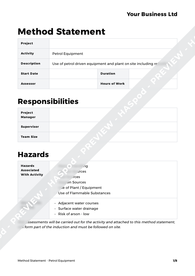 Petrol Equipment Method Statement Template - HASpod